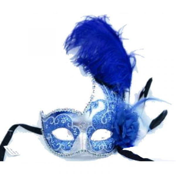 Costume Glittered Venetian Half Mask w Side Feathers - Cappel's